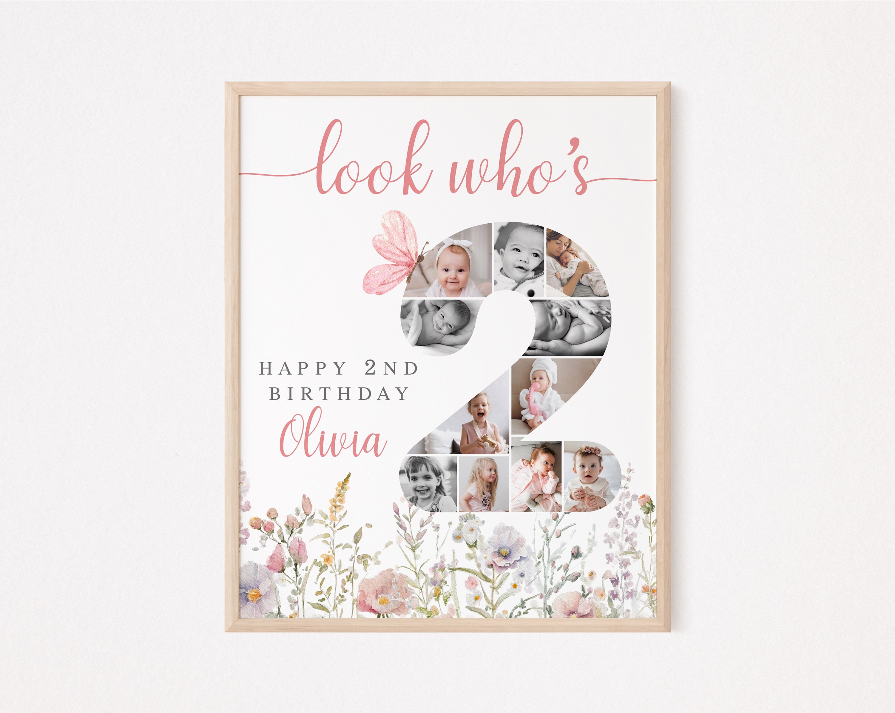 Wildflower 2nd Birthday Welcome Poster TEMPLATE for Girl, Look Who's 2 ...