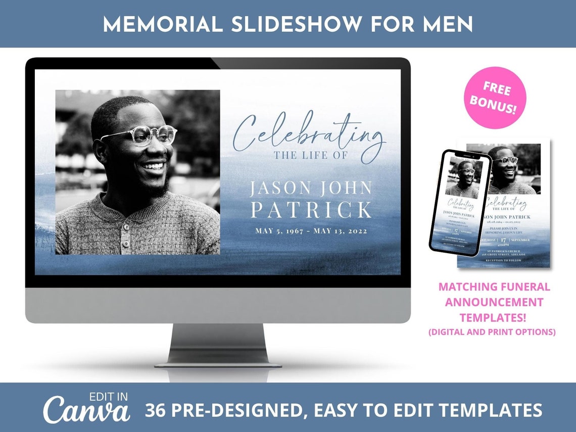 Blue Funeral Photo Slideshow Template for Male Memorial - Etsy