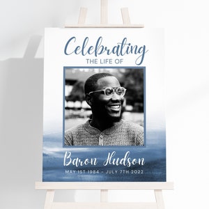 Blue Watercolor Celebration of Life Sign Template Bundle, Funeral Photo ...