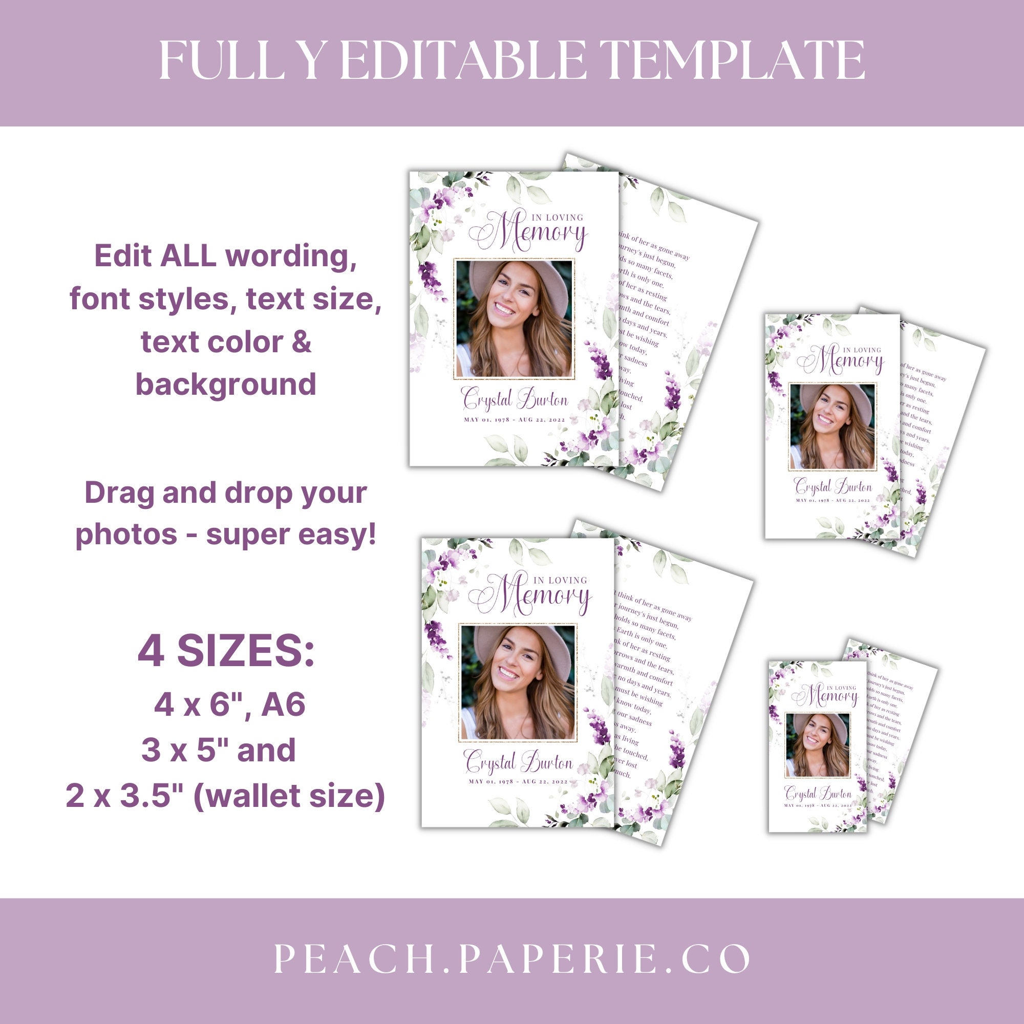 Lavender Memorial Card TEMPLATE, in Loving Memory, Purple Floral Prayer ...