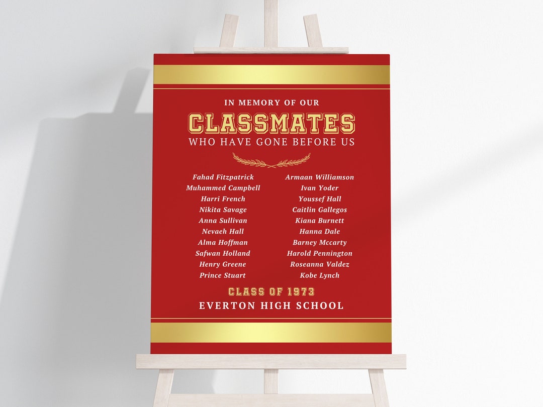 Class Reunion Memorial Sign TEMPLATE to Honor Deceased Classmate, Red ...
