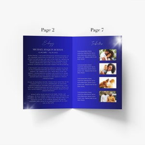 Blue and Silver Funeral Program TEMPLATE, 8 Page Bifold, Celebration of ...