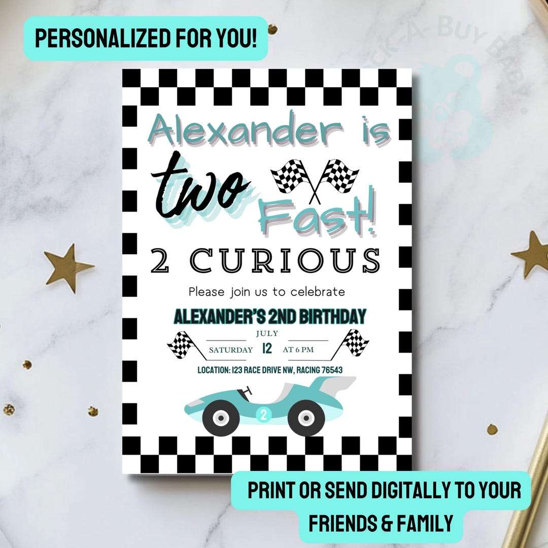 Two Fast 2 Curious Birthday Invitation: Race Car Theme (digital PDF) - Etsy