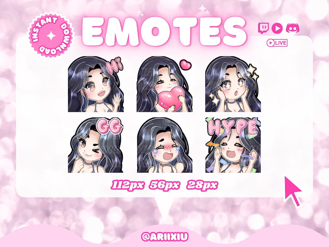 Chibi Girl Twitch Emotes Pack | Discord & Youtube | Black Hair, Brown ...