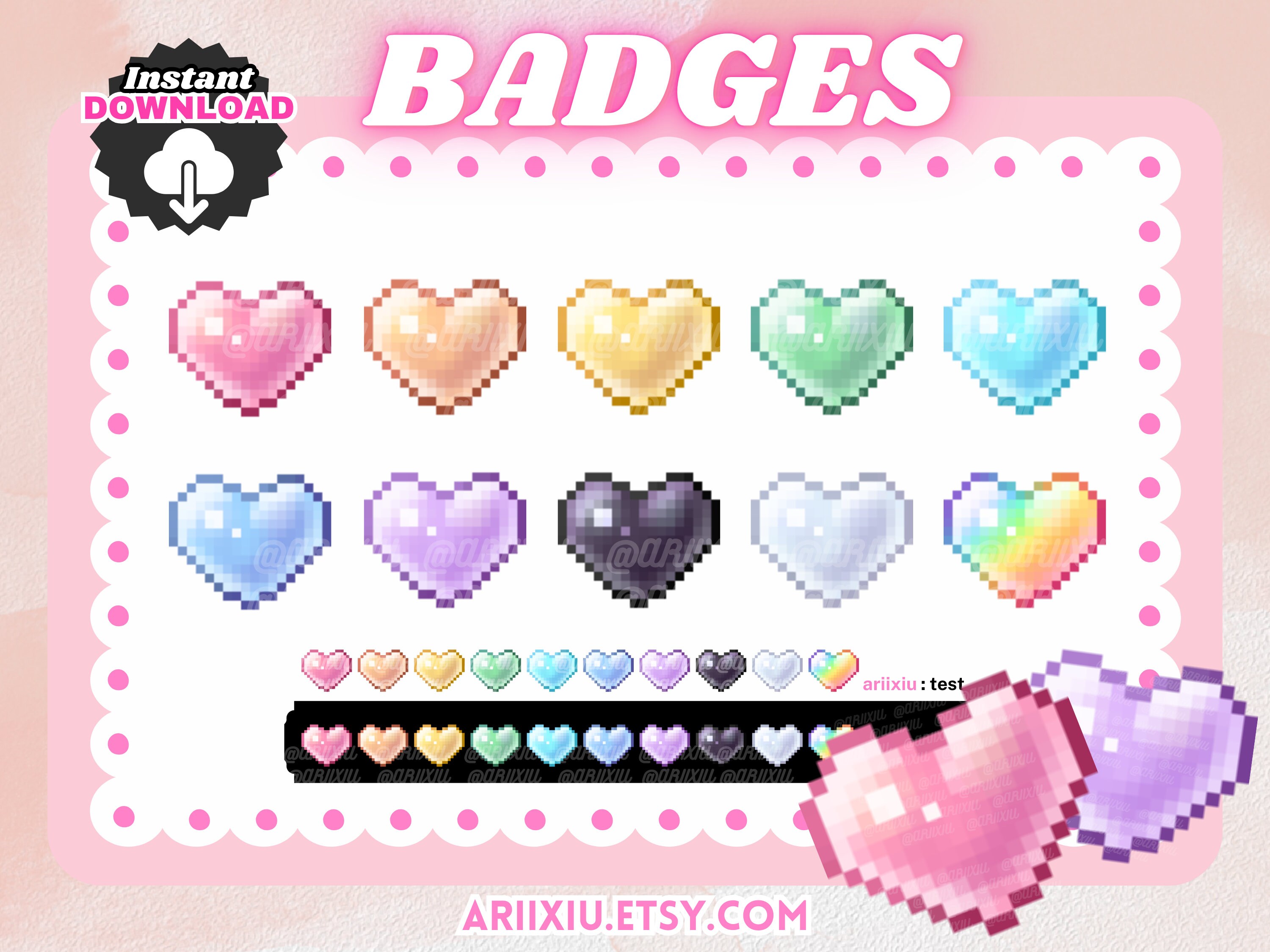Cute Pixel Hearts Badge Pack Premade P2U Badges Kawaii Twitch Sub ...