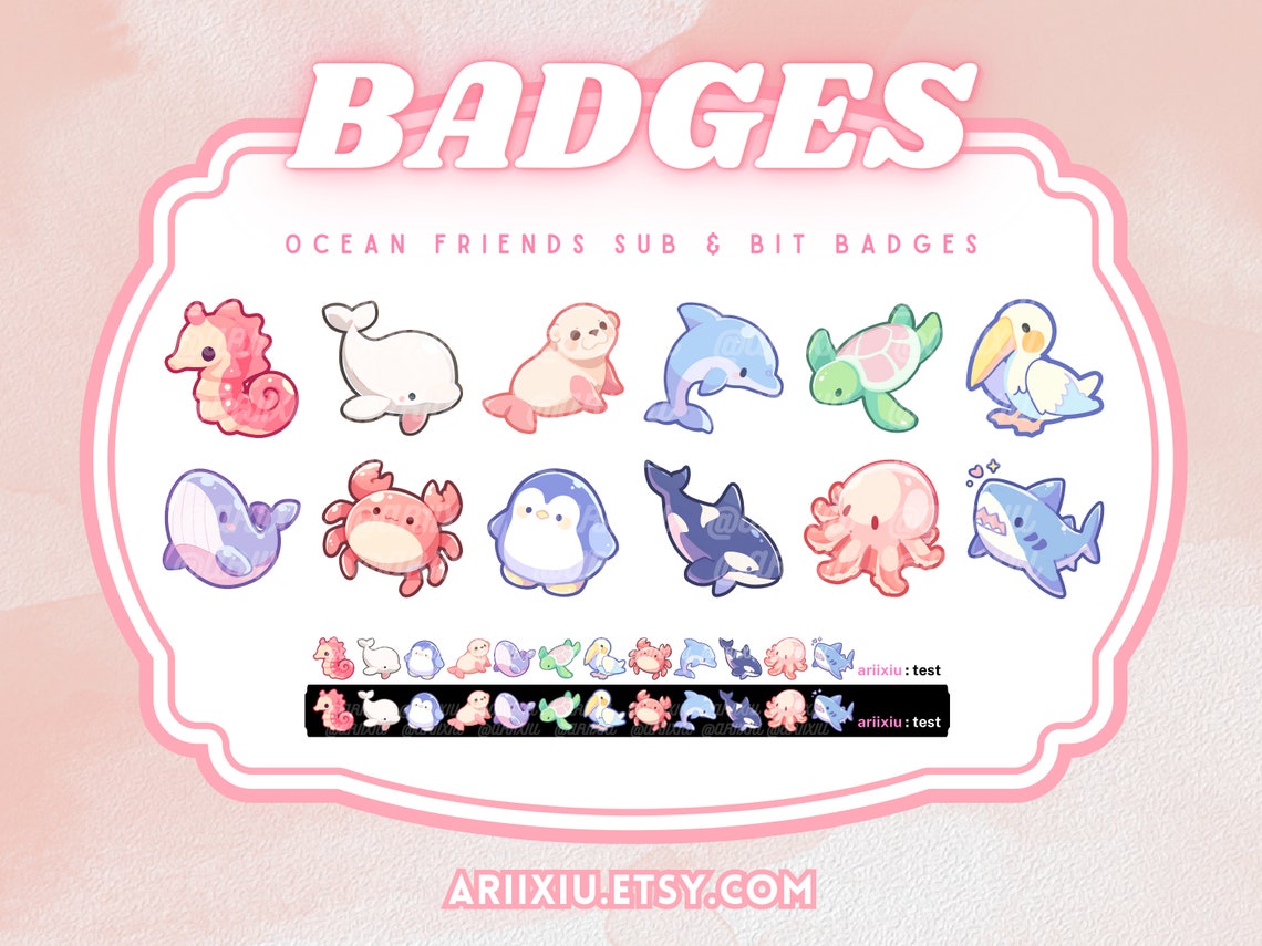 Chibi Ocean Animals Badge Set Cute Pastel Sea Twitch Sub / Bit Badges ...