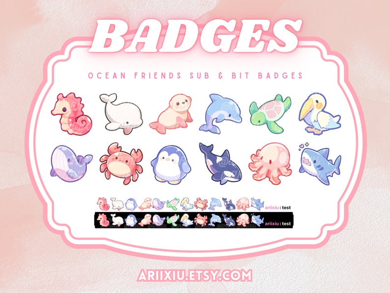 Chibi Ocean Animals Badge Set Cute Pastel Sea Twitch Sub / Bit Badges ...