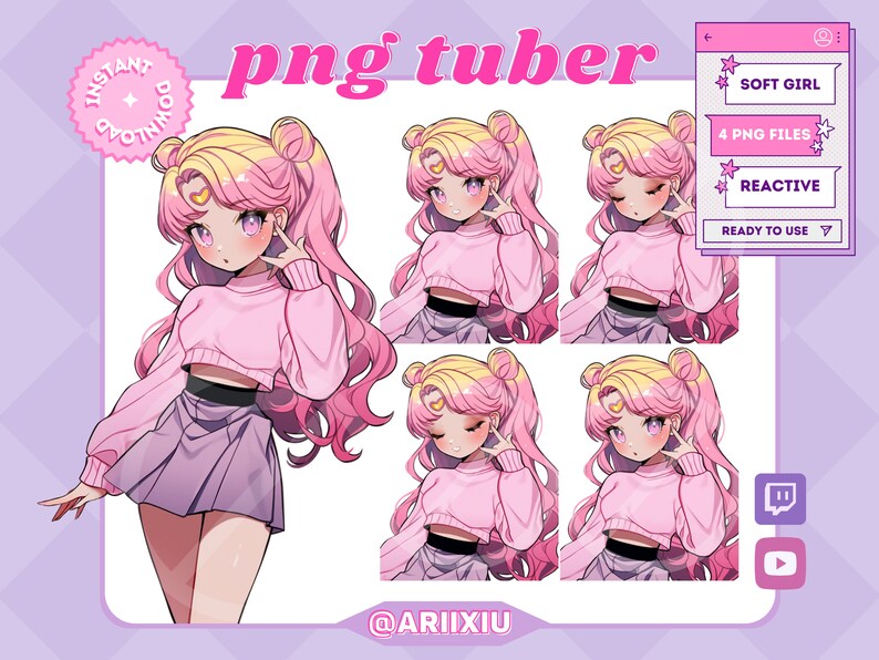 Cute Anime Girl Pngtuber Pink Hair Streaming Twitch Kick Youtube Tiktok ...