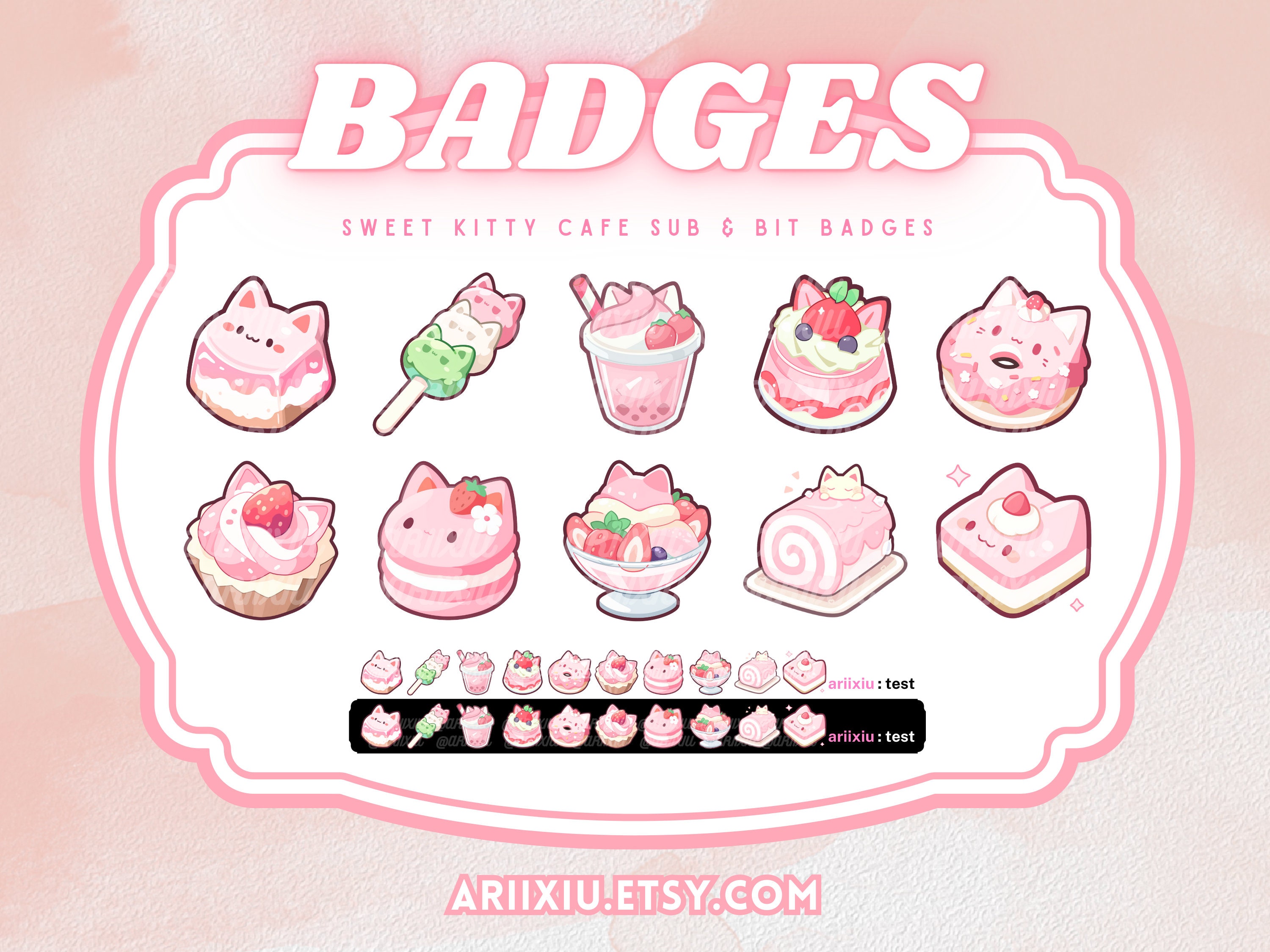 Cute Cat Café Badge Set Kitty Boba Dango Dessert Strawberry Twitch Sub ...