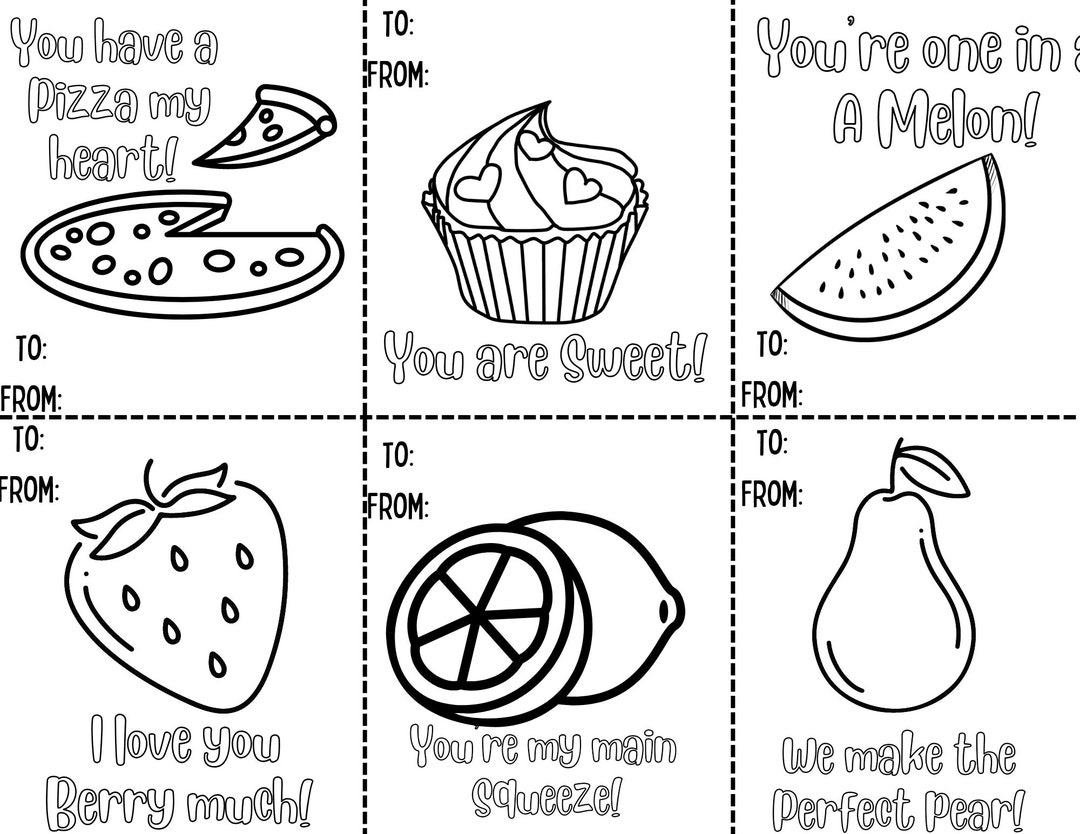 Printable Coloring Valentines Day Cards: Funny Food - Etsy
