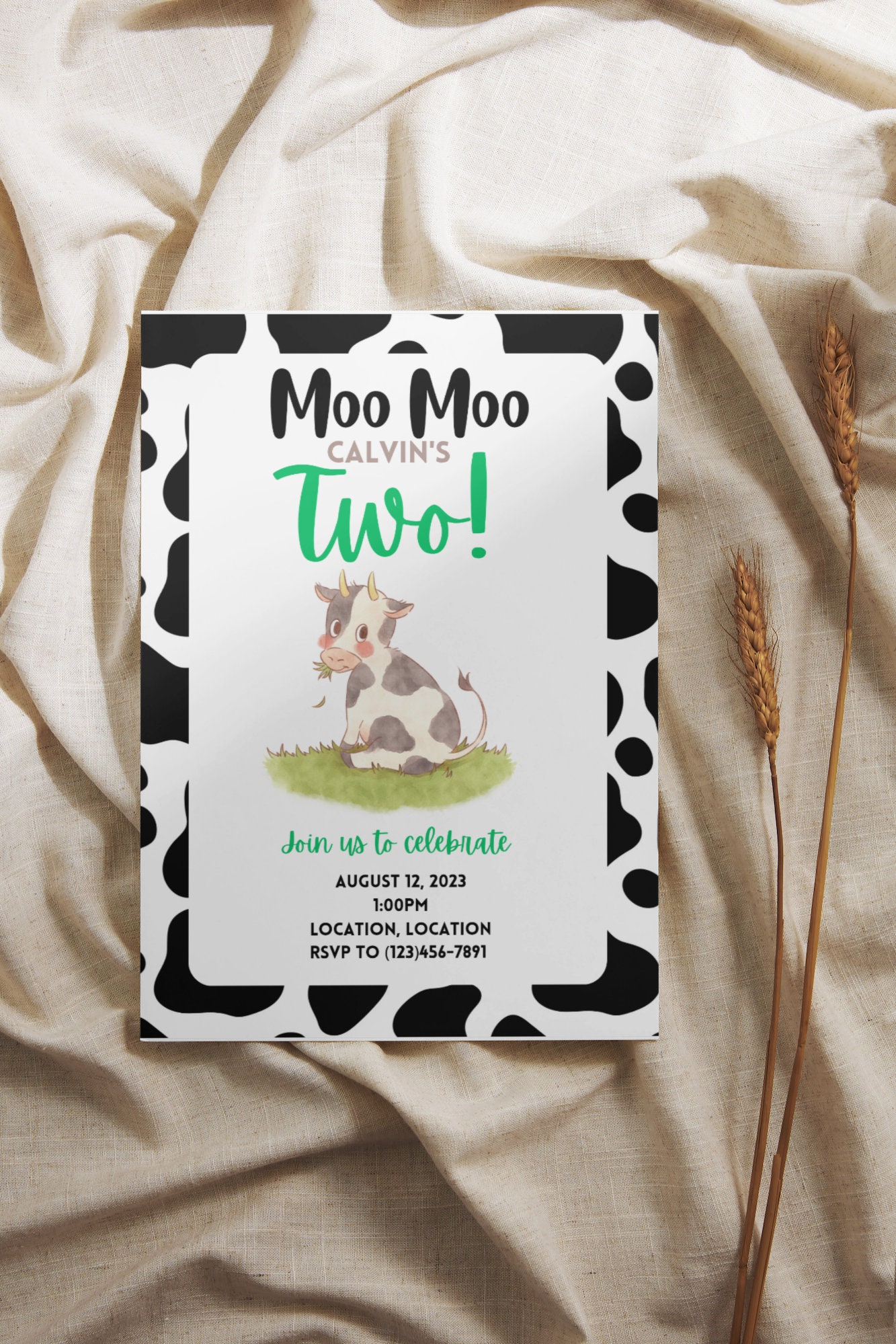 Plantilla de invitación de cumpleaños editable verde vaca moo moo ...