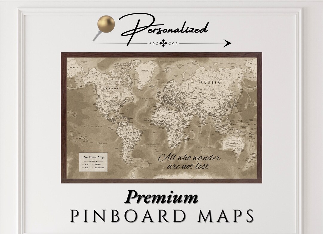 Vintage Style Travel Map With Pins, Push Pin World Maps, Travel Gifts ...