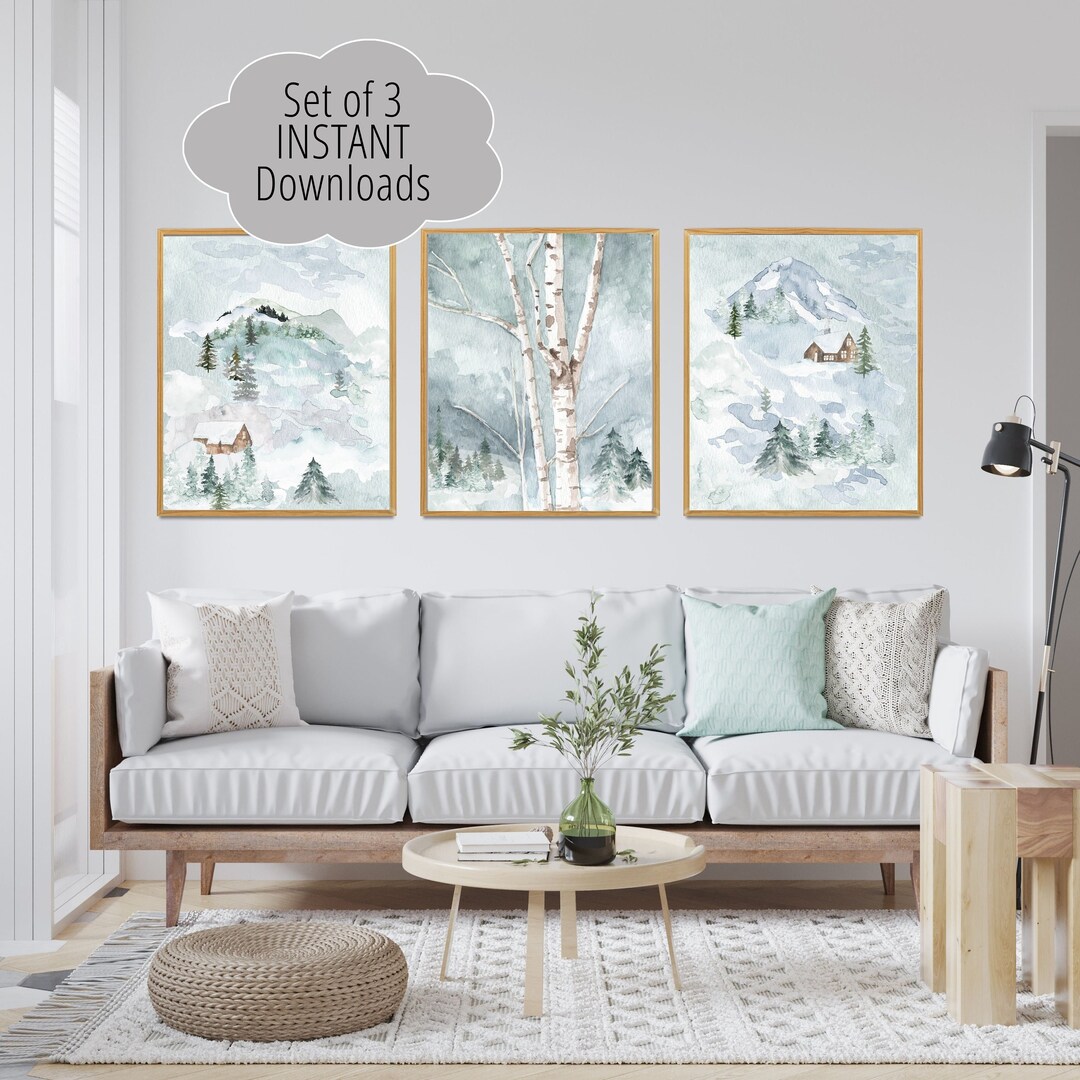 Winter Prints, 3 Piece Wall Art, Watercolor Winter Scene, Digital ...