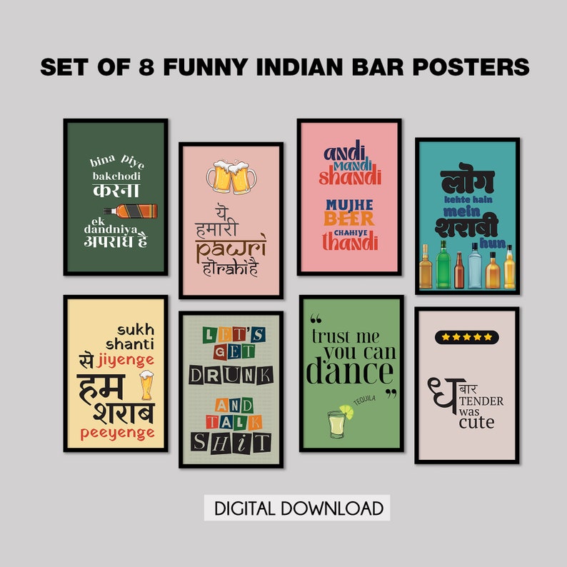Funny Indian Bar Phrases, Set of 8 Indian Wall Art, Hindi Phrases ...