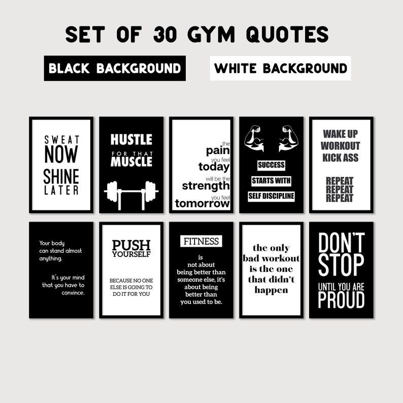 Set of 30 Gym Wall Art Bundle, Home Gym Signs, Gym Quotes Decor ...