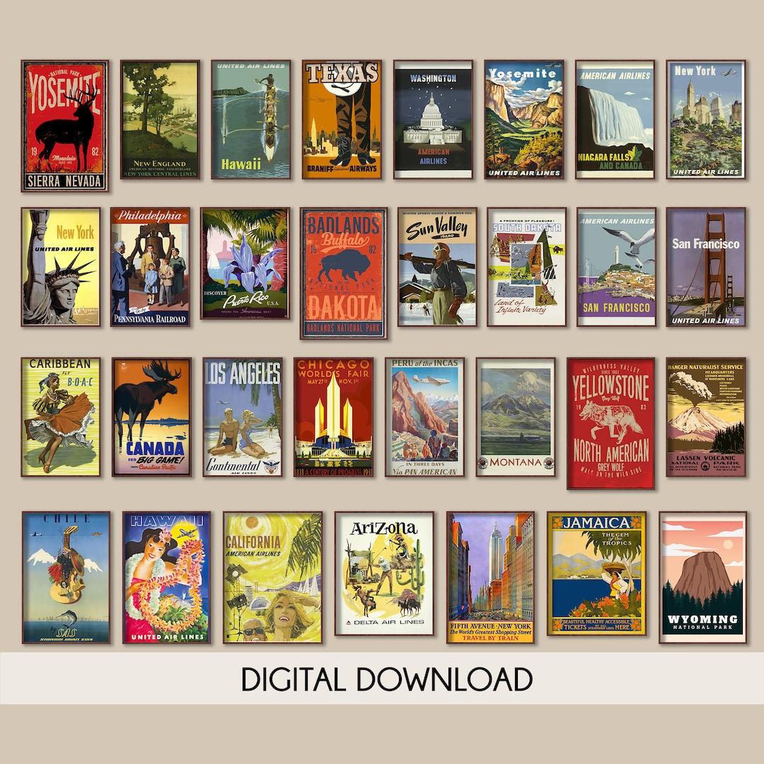 Retro Style Travel Posters, Set of 30 Travel Posters, America Travel ...
