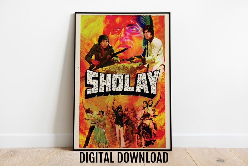 Sholay Movie Poster, Desi Wall Art, Bollywood Movie Poster, Indian ...