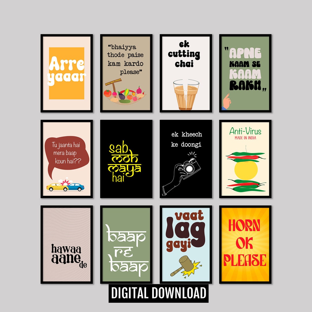 Colourful Indian Culture Phrases, Set of 12 Indian Wall Art, Hindi ...