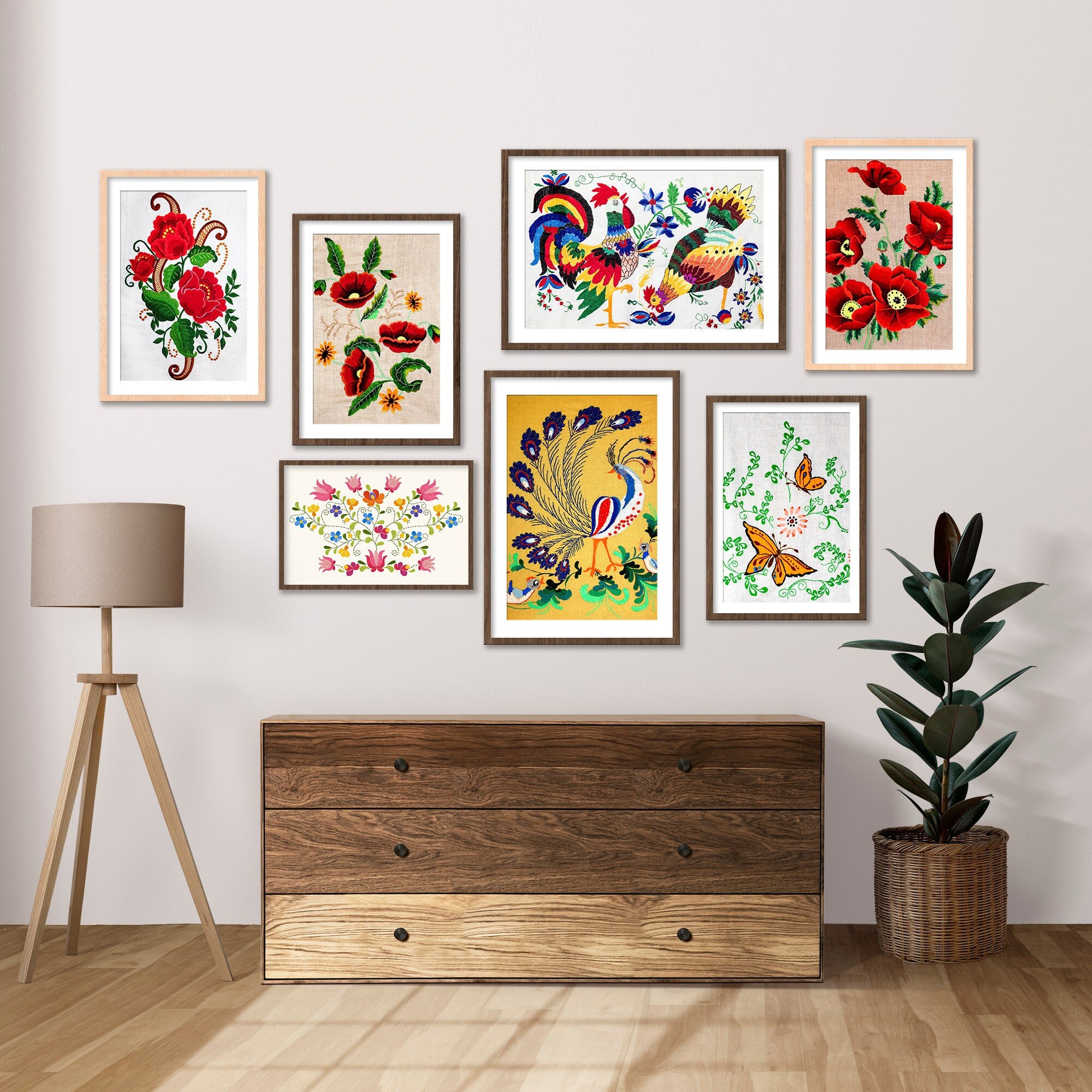 Embroidery Wall Decor, Set of 7 Vintage Prints, Living Room Decor ...