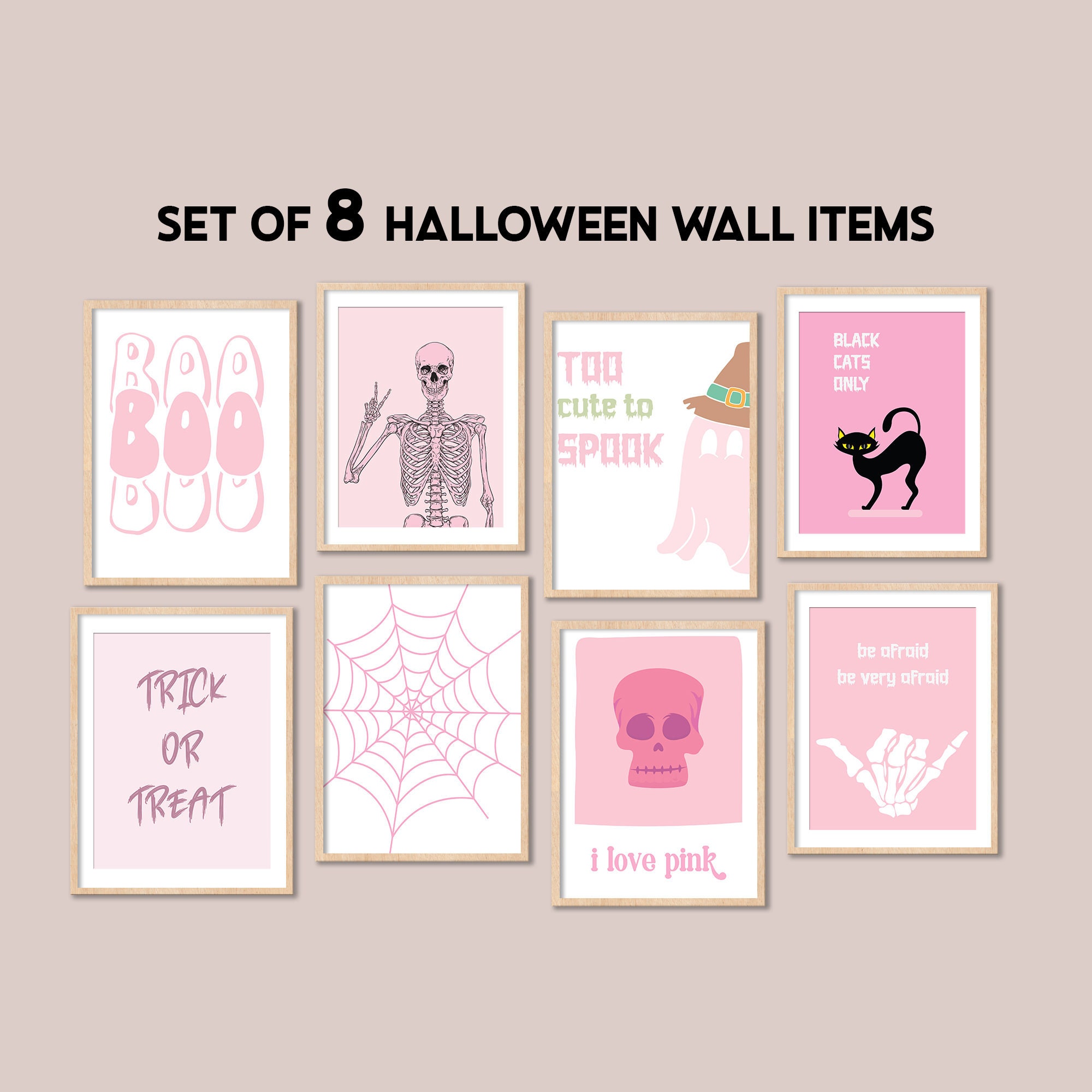 Pink Halloween Decor, Set of 8 Halloween Prints, Pink Halloween, Pastel ...