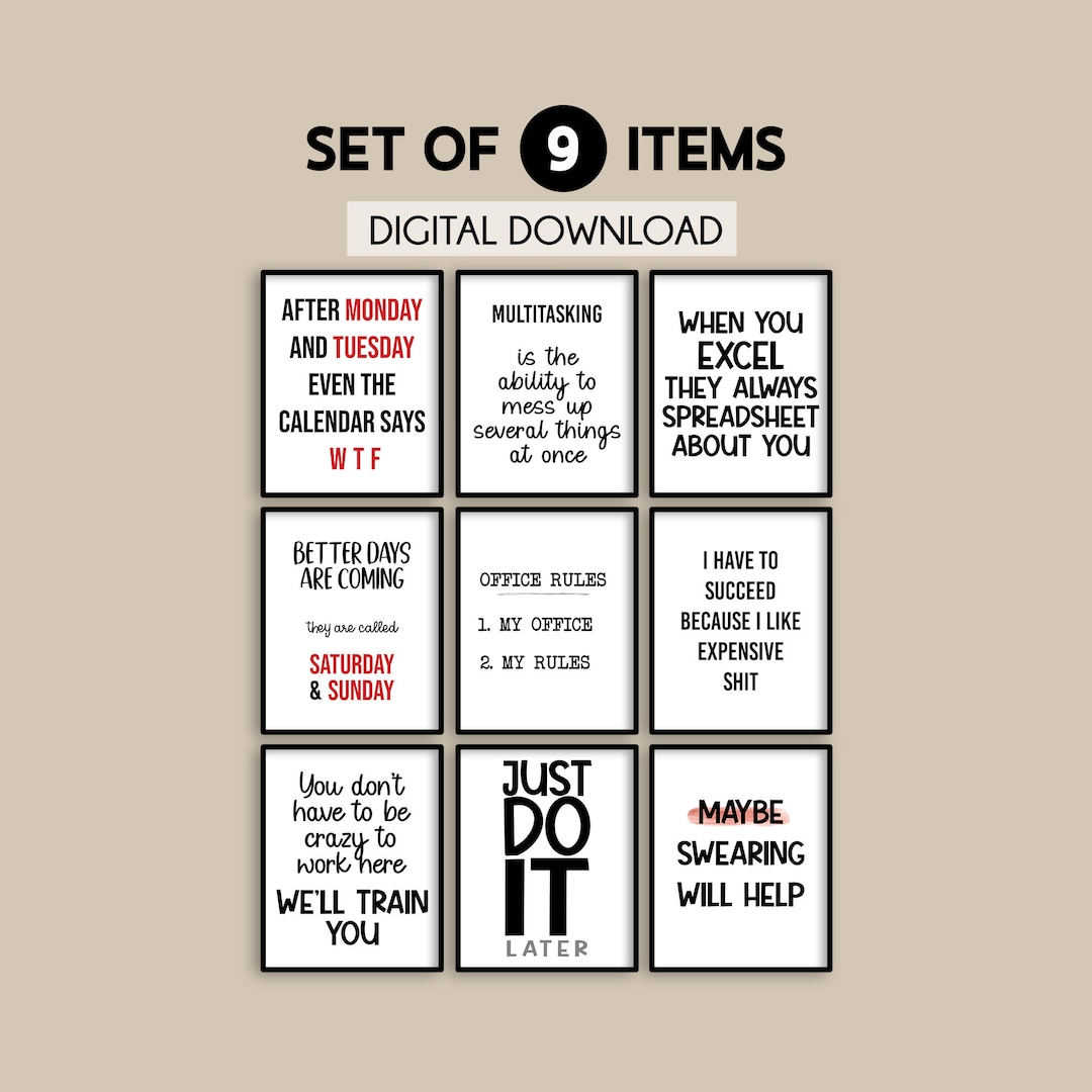 Funny Office Quotes Digital Posters, Set of 9 Office Humour, Home ...