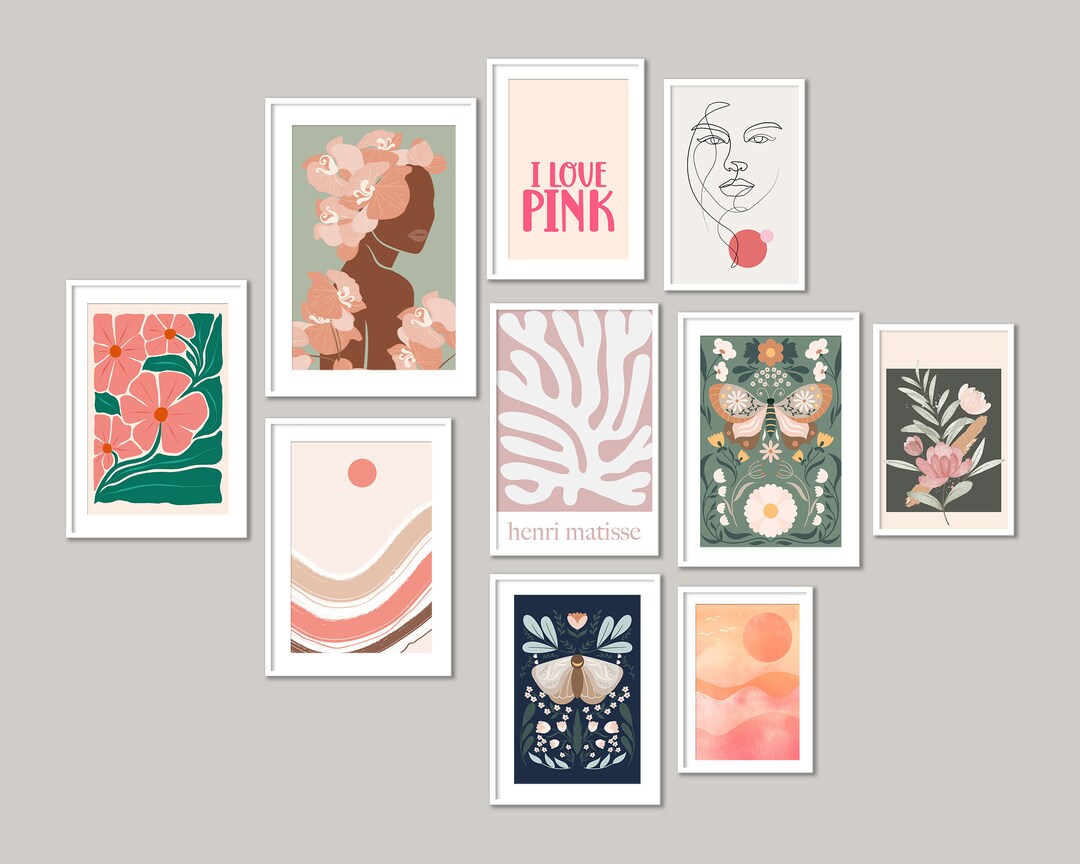 Set of 10 Pink Wall Art, Girly Room Decor, Unique Gift for Her, Pink ...