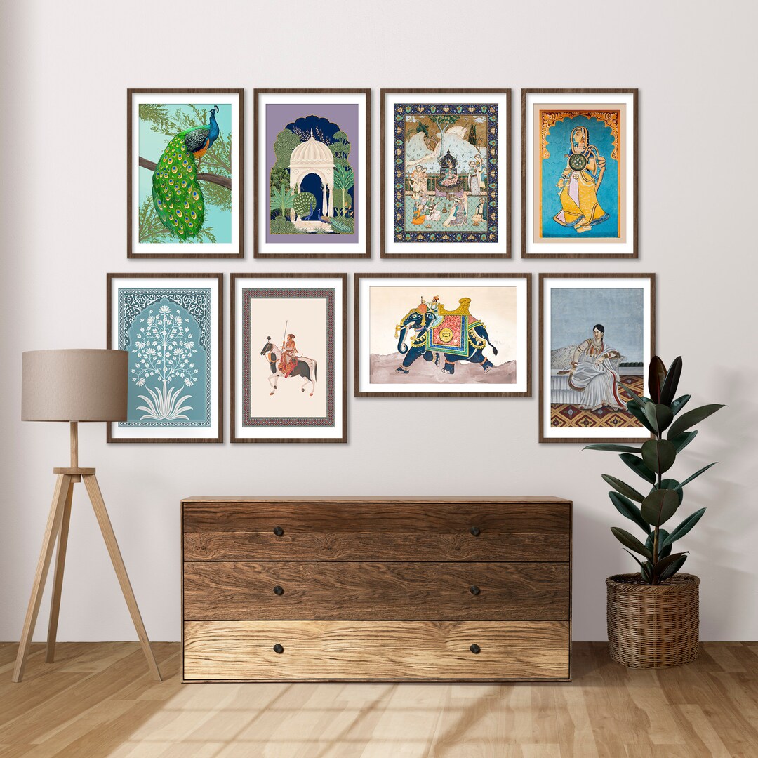 Indian Vintage Art, Set of 8 Vintage Prints, Living Room Decor, Gallery ...