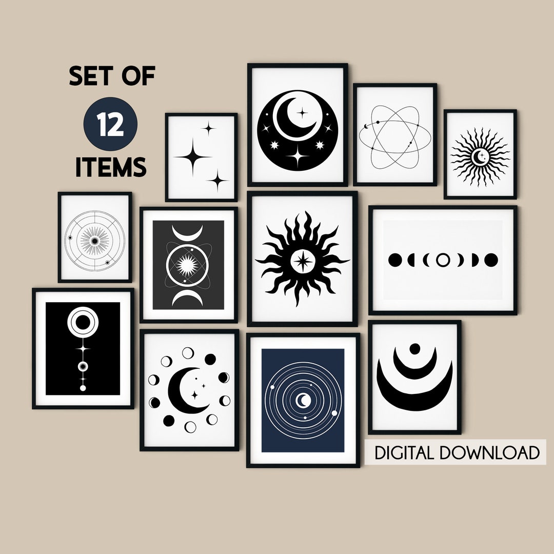 Set of 12 Celestial Wall Prints, Moon Print Set, Sun Print ...