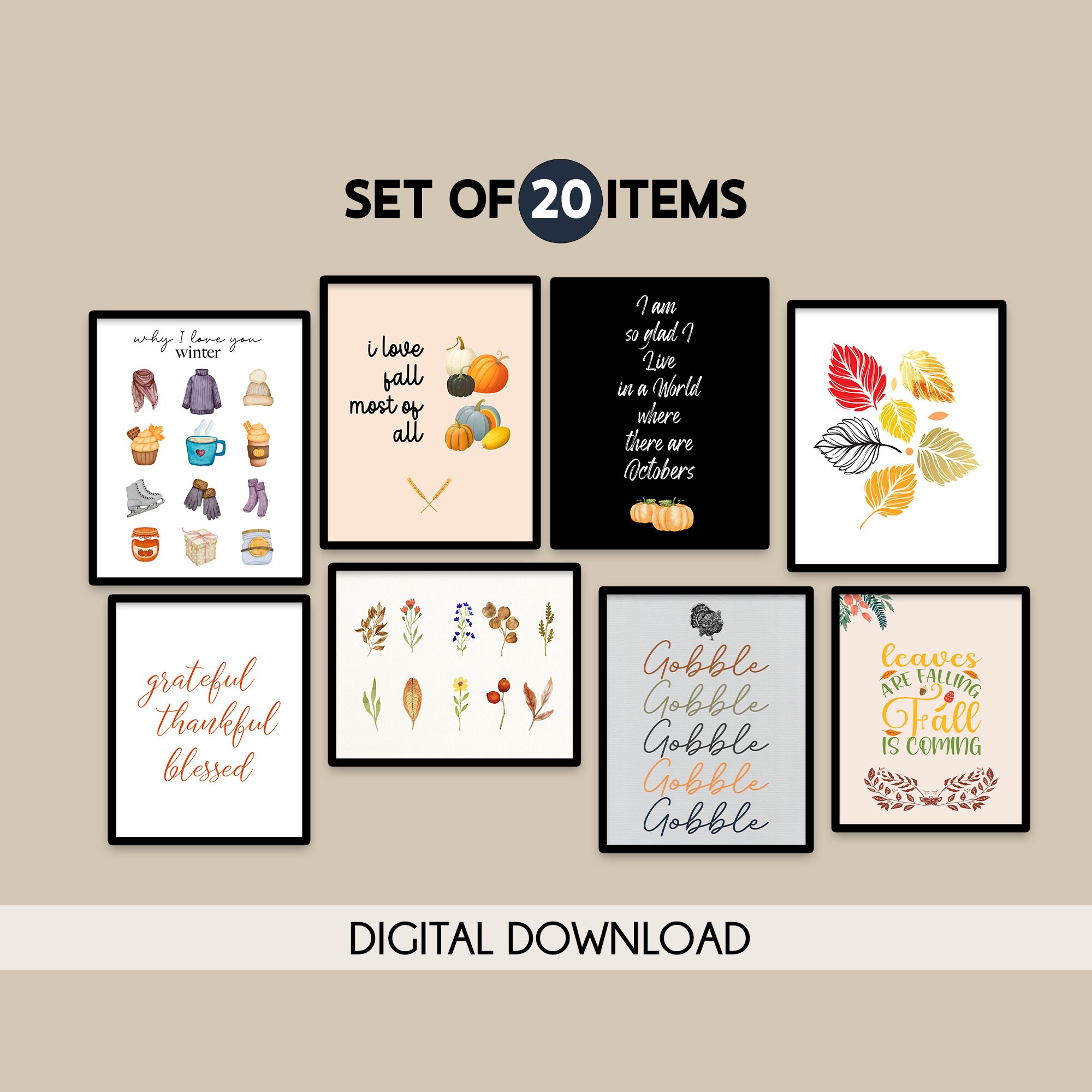 Thanksgiving Printable Gallery Wall Art Bundle, Set of 20 Prints, Fall ...