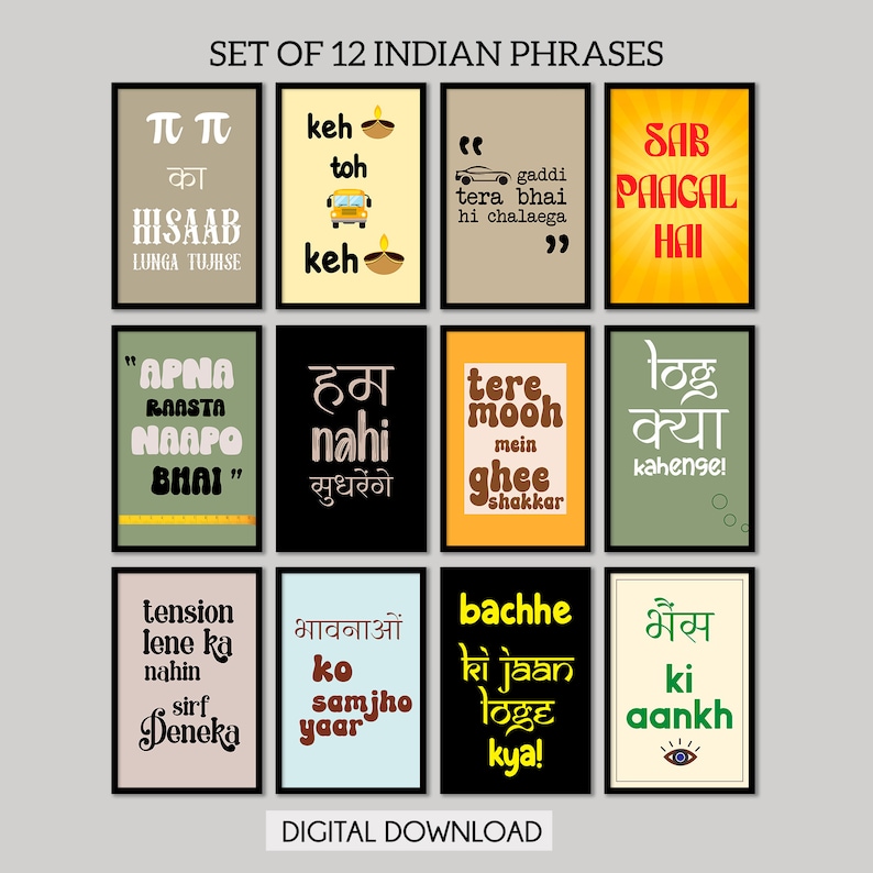Indian Culture Phrases, Set of 12 Indian Wall Art, Desi Art, Hindi ...