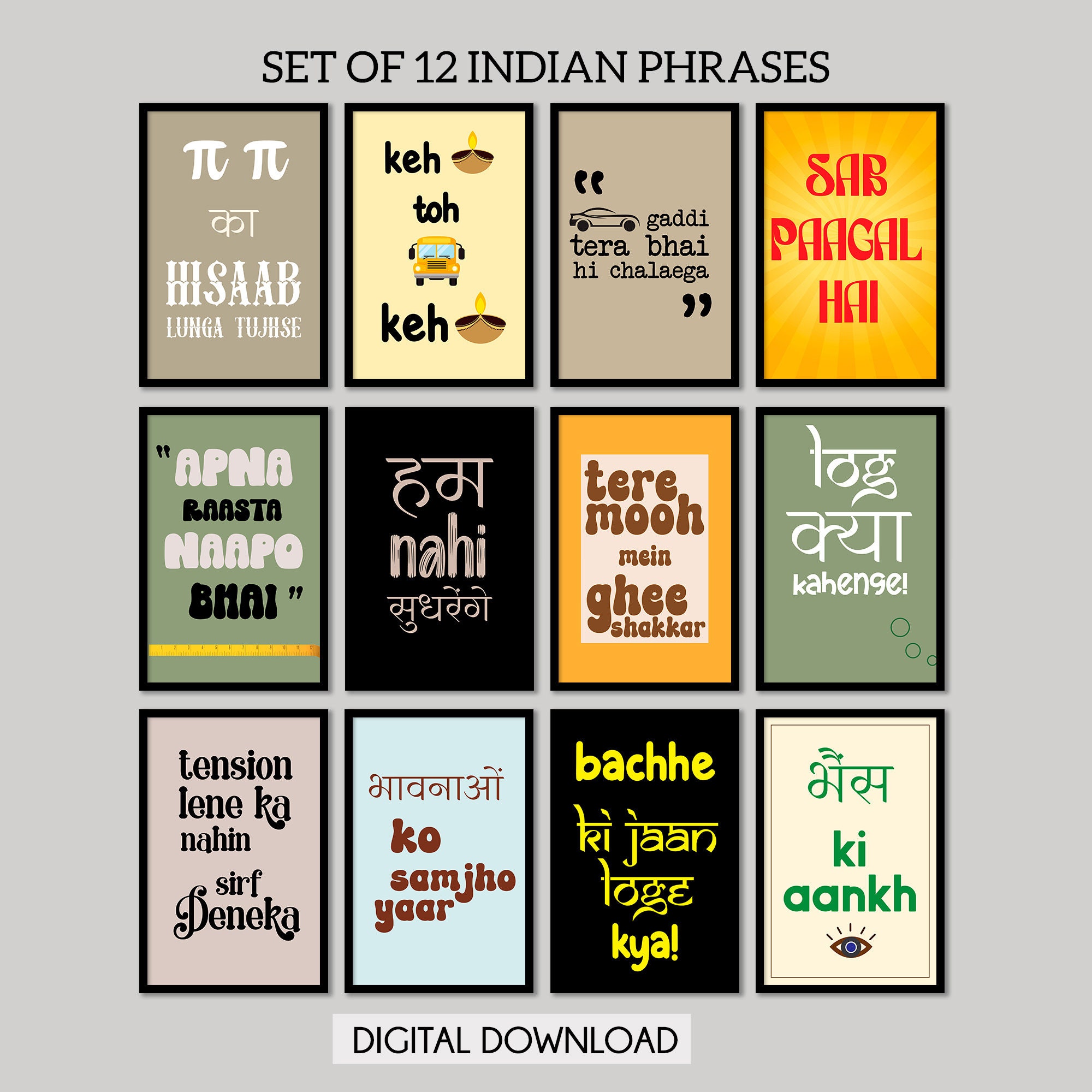 Indian Culture Phrases, Set of 12 Indian Wall Art, Desi Art, Hindi ...