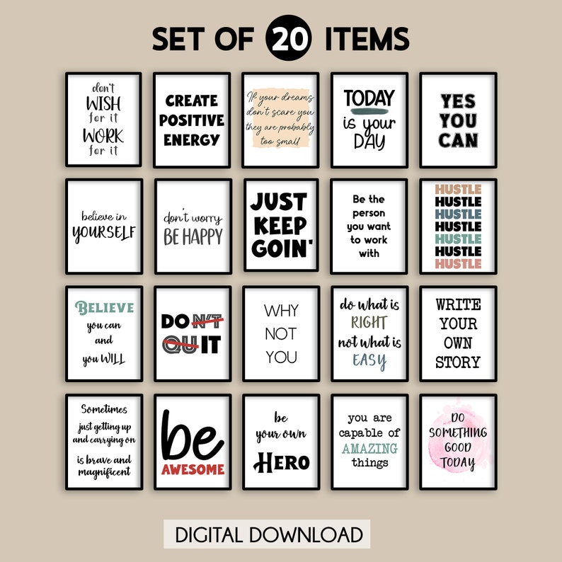 Inspirational Art, Set of 20 Prints, Positive Affirmations ...