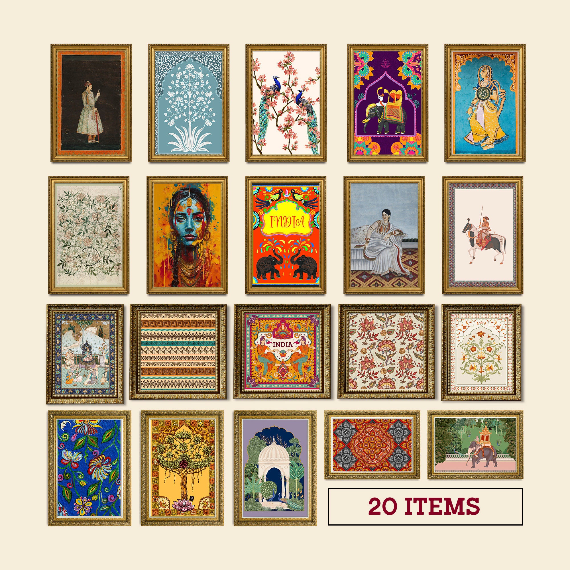 Colourful Indian Vintage Art, Set of 20, Living Room Decor, Gallery ...
