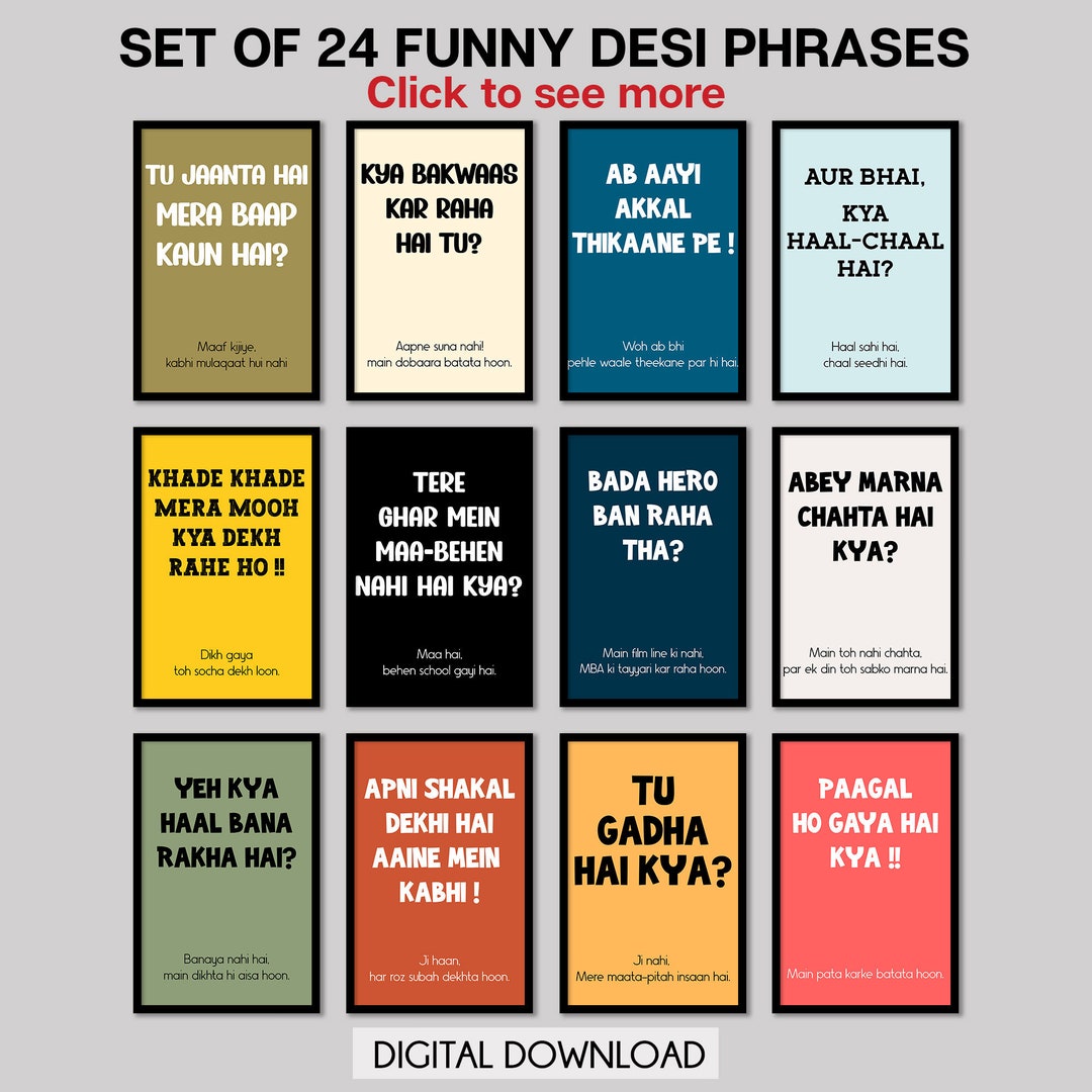 Funny Indian Culture Phrases, Set of 24 Indian Wall Art, Hindi Phrases ...