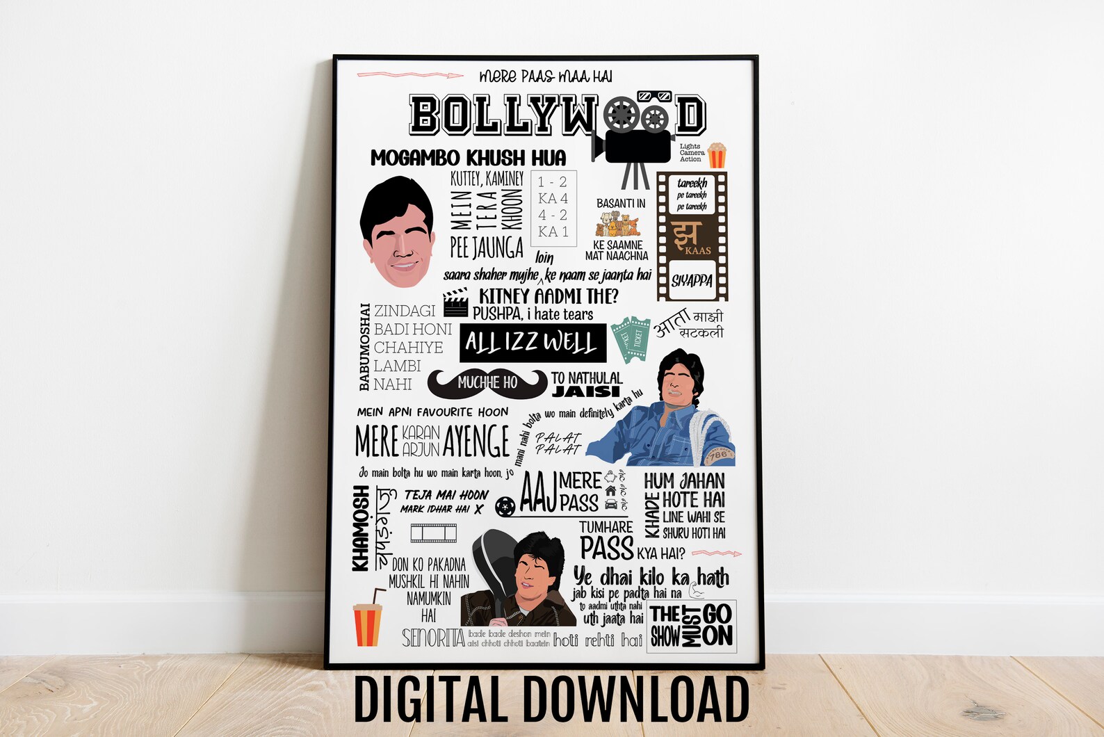 Bollywood Dialogues Collage, Famous Movie Dialogues, Desi Wall Art ...