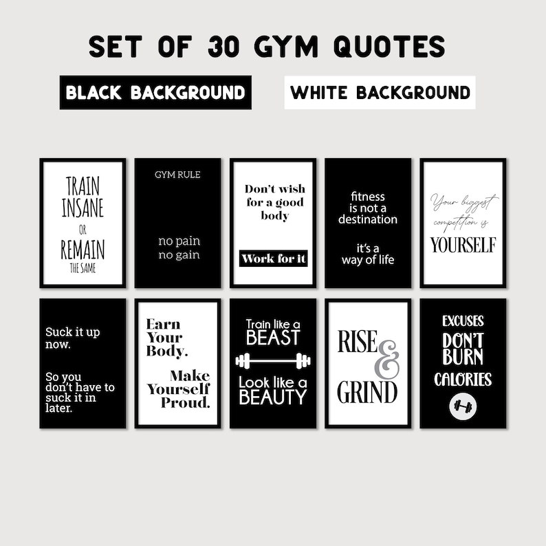 Set of 30 Gym Wall Art Bundle, Home Gym Signs, Gym Quotes Decor ...
