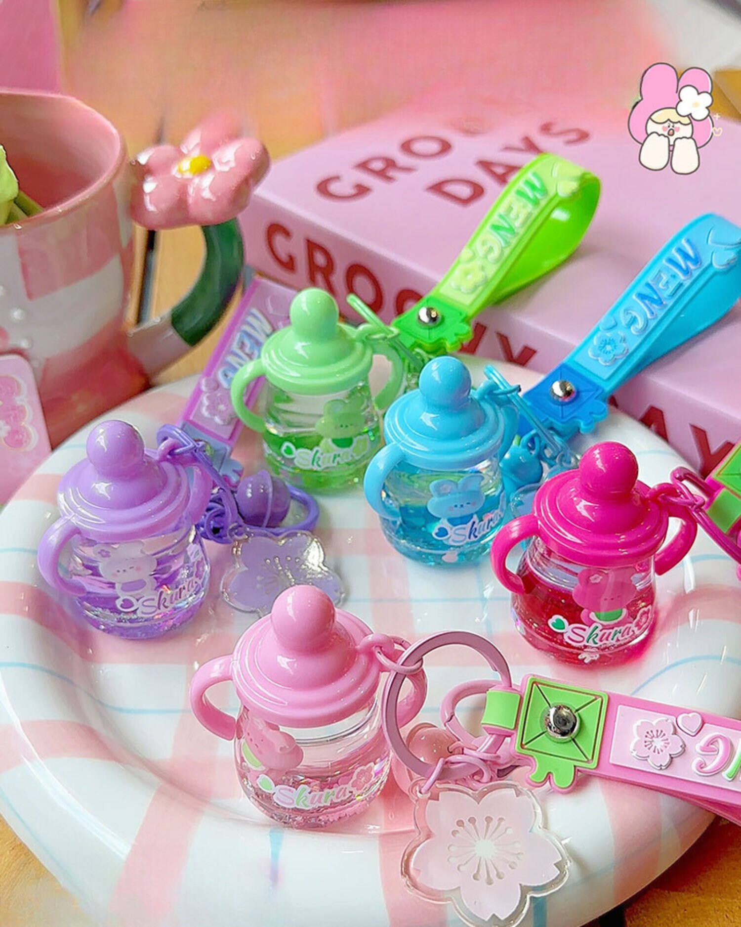 Kawaii Baby Bottle Bunny Liquid Keychains With Sakura Charm - Etsy