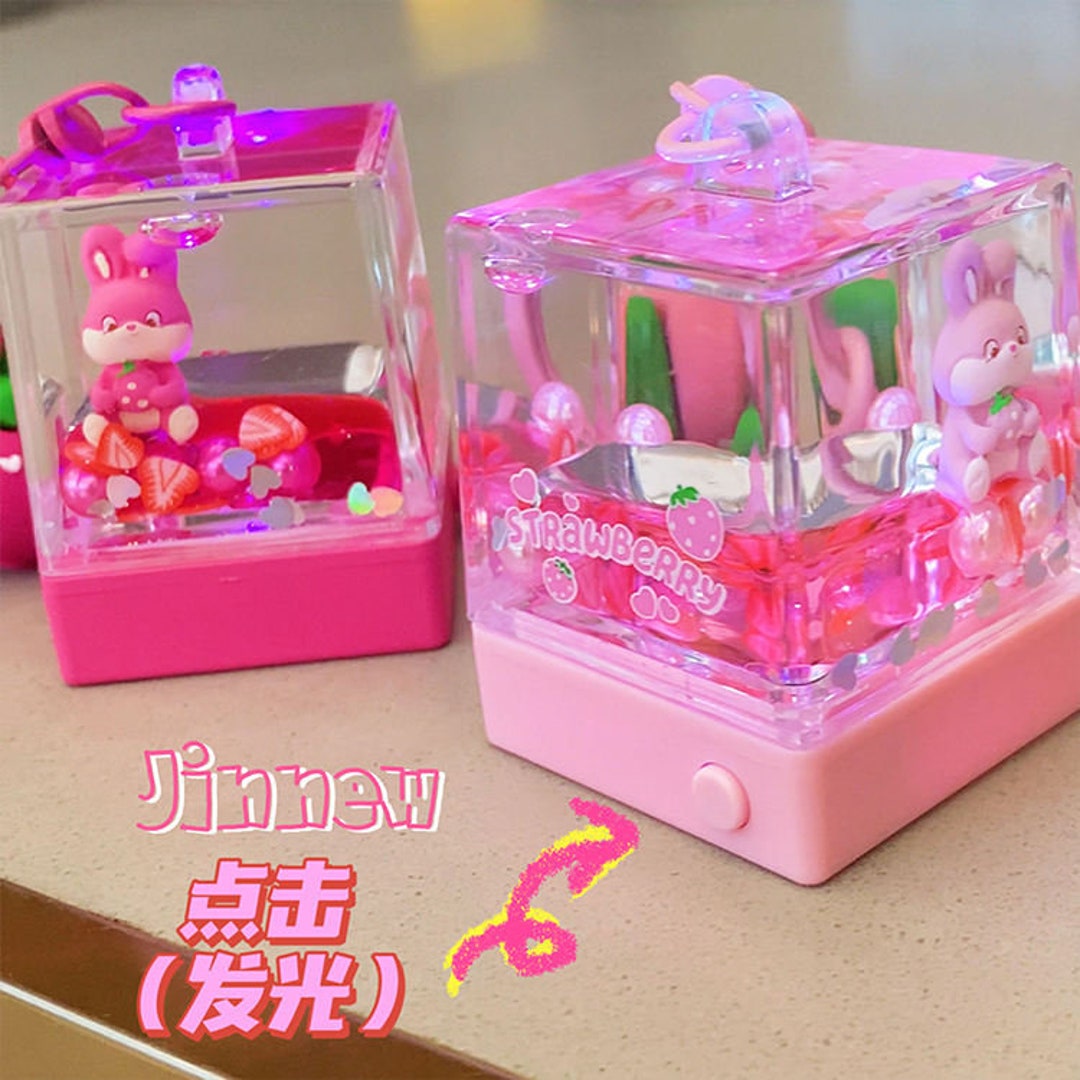 Kawaii Liquid Bunny Keychain LED Flashing Moving Keyring Strawberry ...