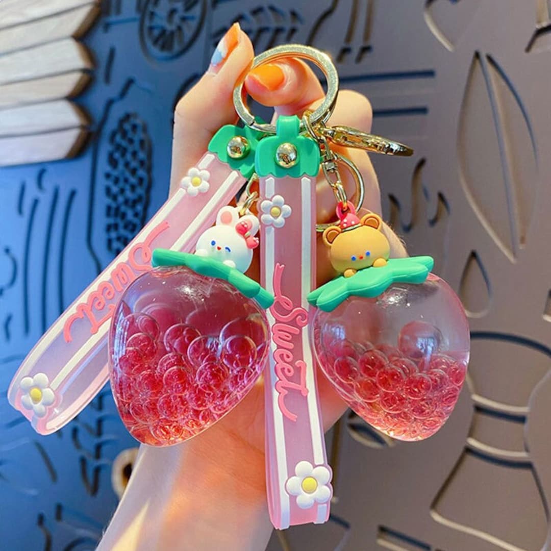 Kawaii Liquid Strawberry Keychain Moving Pink Boba Keyring Bunny & Bear ...