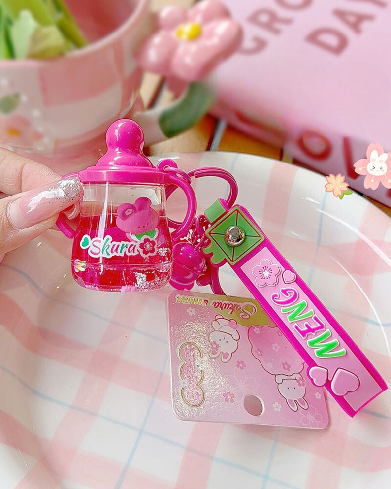Kawaii Baby Bottle Bunny Liquid Keychains With Sakura Charm - Etsy