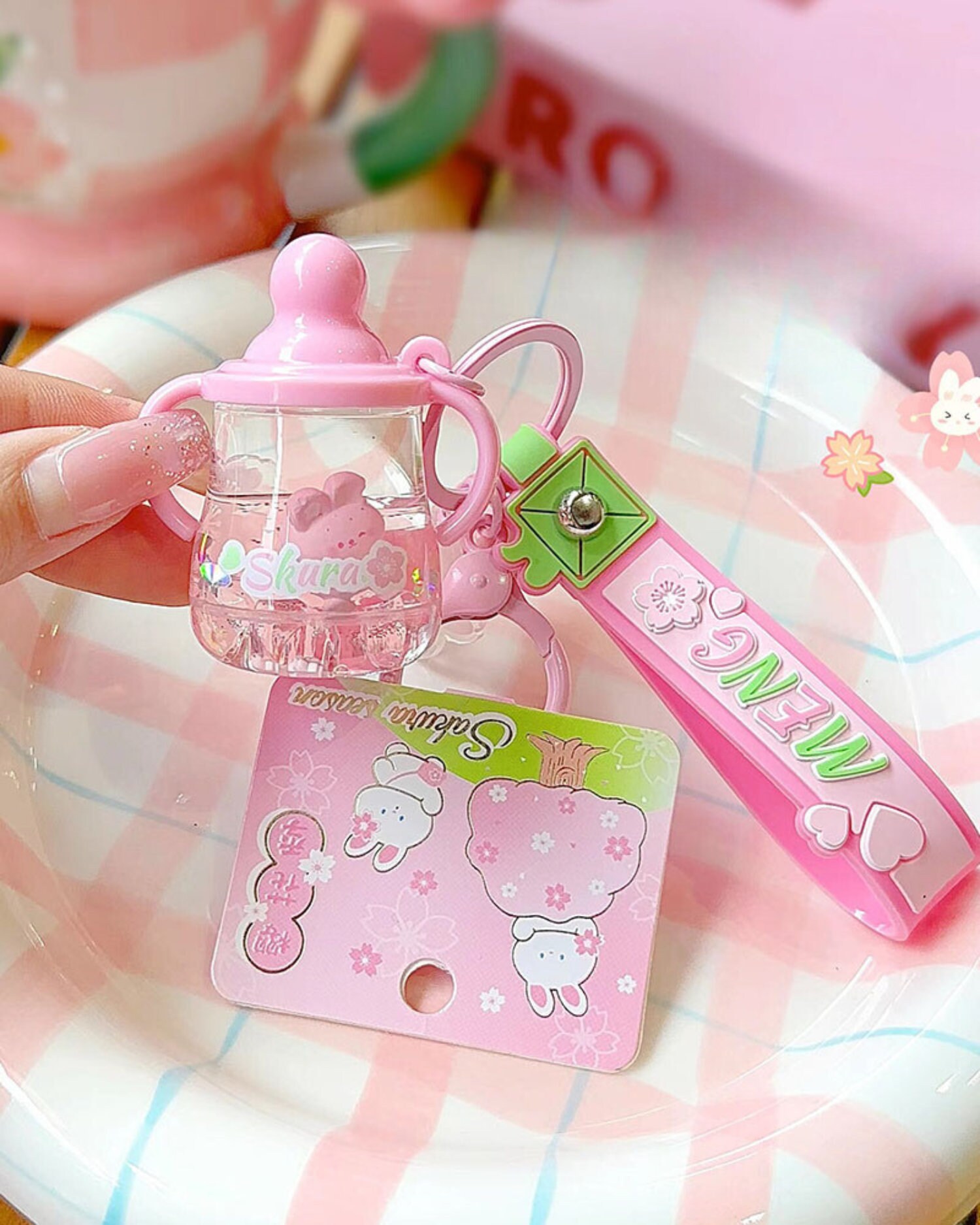 Kawaii Baby Bottle Bunny Liquid Keychains With Sakura Charm - Etsy