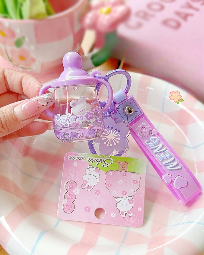 Kawaii Baby Bottle Bunny Liquid Keychains With Sakura Charm - Etsy