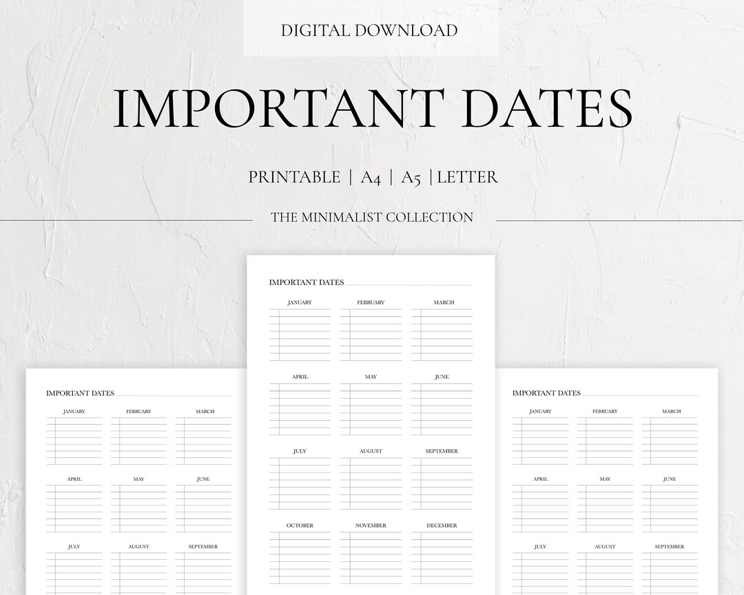 Printable Minimal Important Date Planner Minimalist Insert Planner ...
