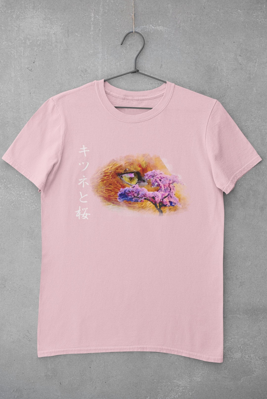 Kitsune & Sakura Fox and Cherry Tree Cloudy Texture T-shirt Japanese T ...