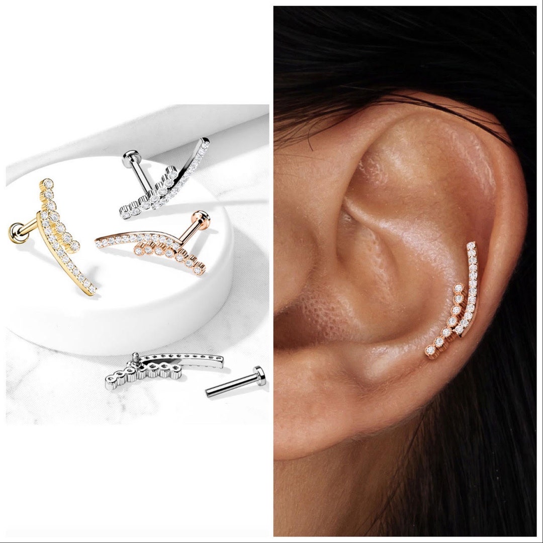 Diamond Lined Bar Flat Back Labret Earring Screw in Internally - Etsy
