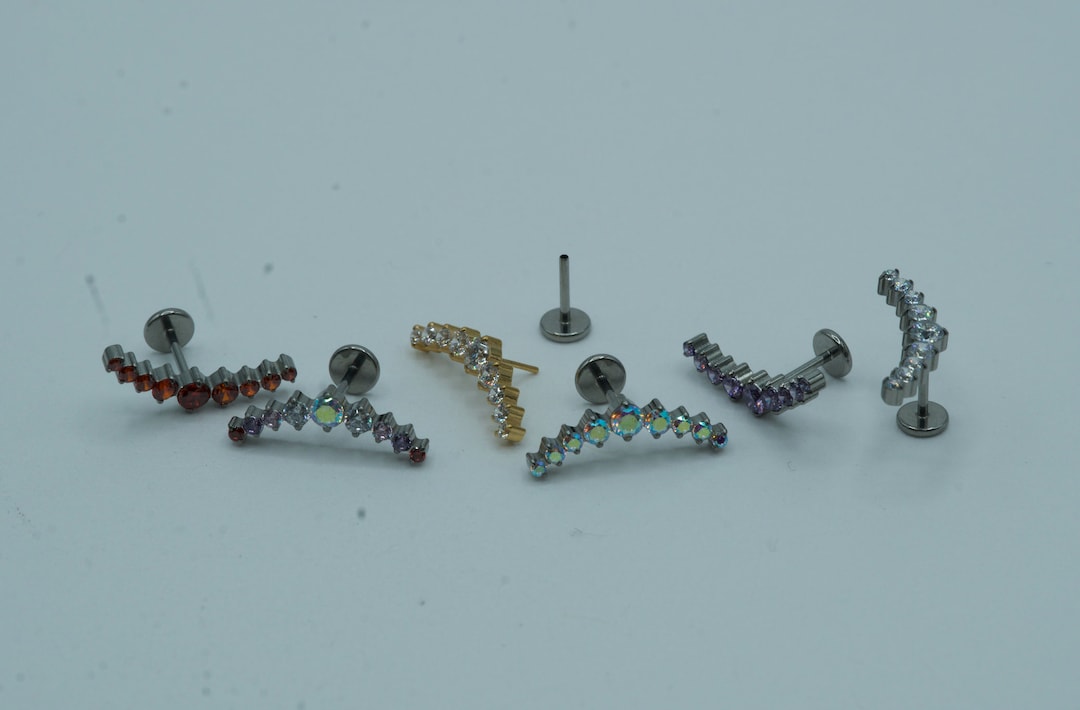 9 CZ Curved Push in Flat Back Labret Stud Earring Implant Grade Titanium Threadless Push in CZ ...