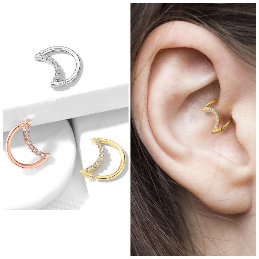 Crescent Moon Daith Tragus Ring Diamond Paved Adjustable Hoop Nose ...