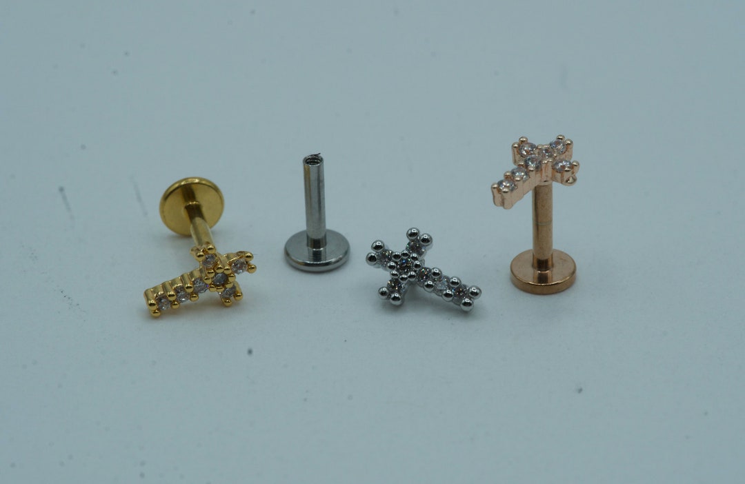 Jesus Cross Flat Back Labret Stud Earring Internally Threaded 316L ...