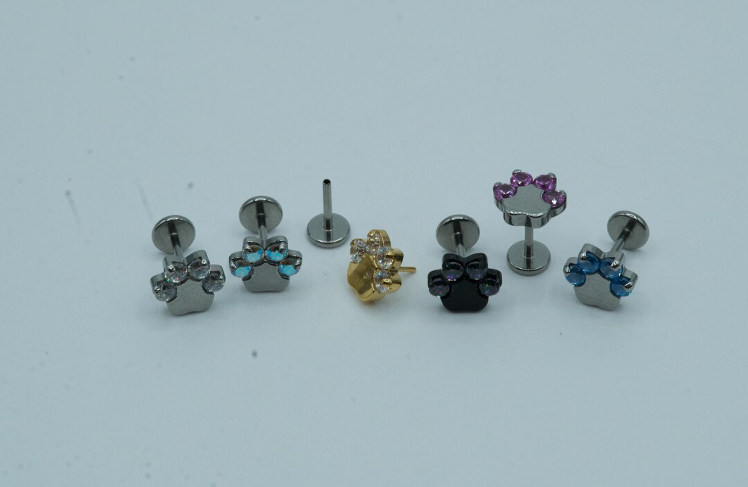 CZ Paw Print Push in Flat Back Labret Stud Earring Implant Grade ...