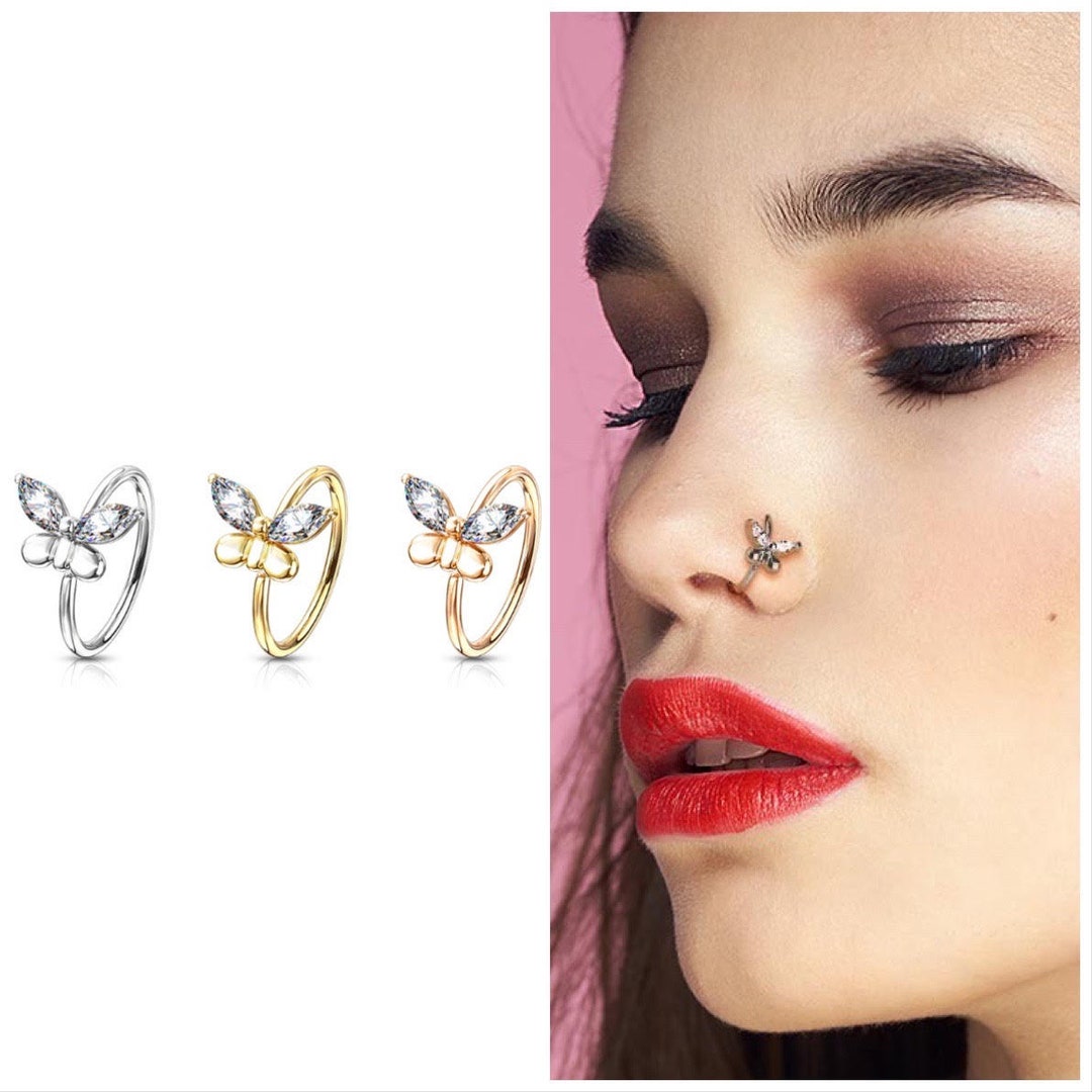 CZ Butterfly Nose Ring Hoop Piercing Adjustable Bendable Daith - Etsy